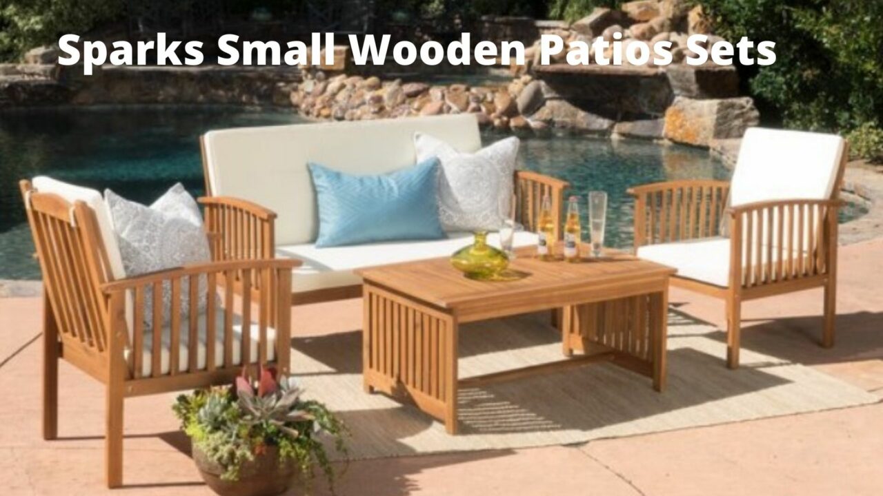 Sparks Small Wooden Patio Sets with teal cushions for seats